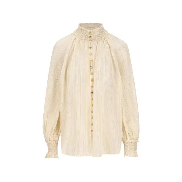 Zimmermann Metallic Stripe High Neck Long Sleeve Blouse - Cream
