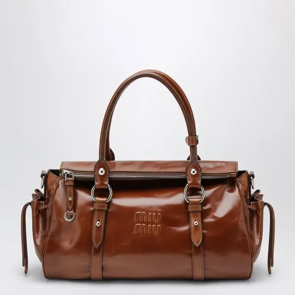 Miu Miu Large Top-handle Bag In Glossy Palisander Leather - Brown
