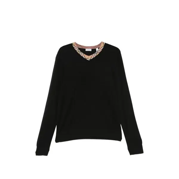 Burberry Check-pattern Trim V-neck Long Sleeve Sweater - Black