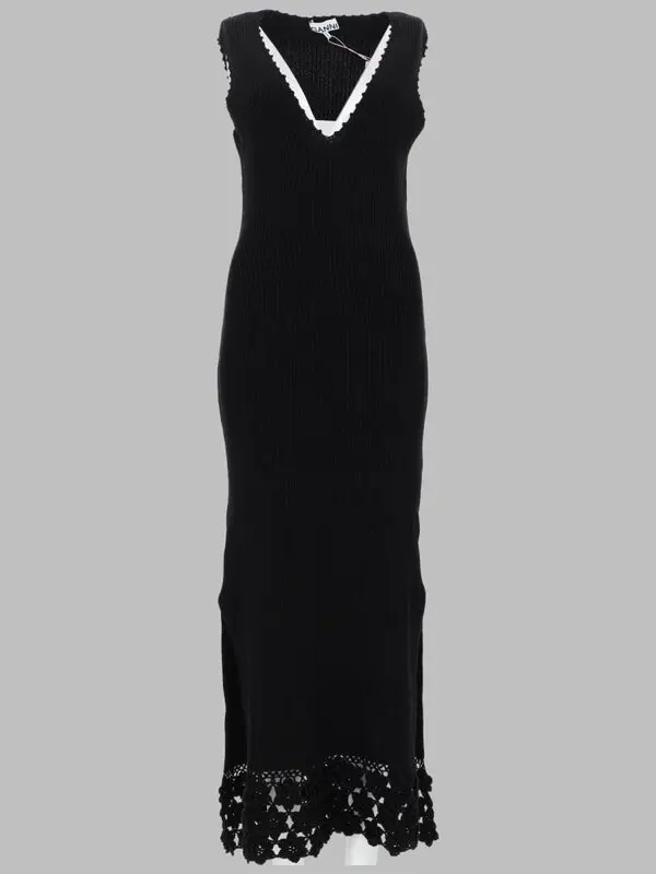GANNI Crochet Trim Long Dress - Black