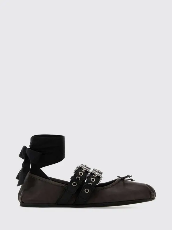 Miu Miu Calfskin Ballerinas With Straps - Brown