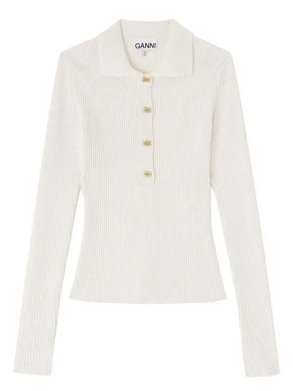 GANNI Ribbed Polo Shirt - Cream