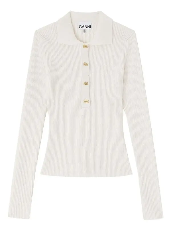 GANNI Ribbed Polo Shirt - Cream