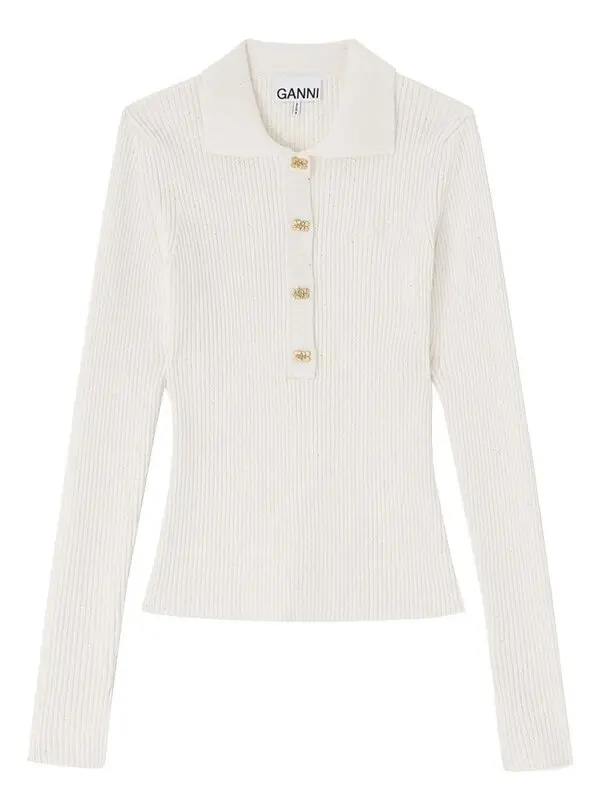 GANNI Ribbed Polo Shirt - Cream