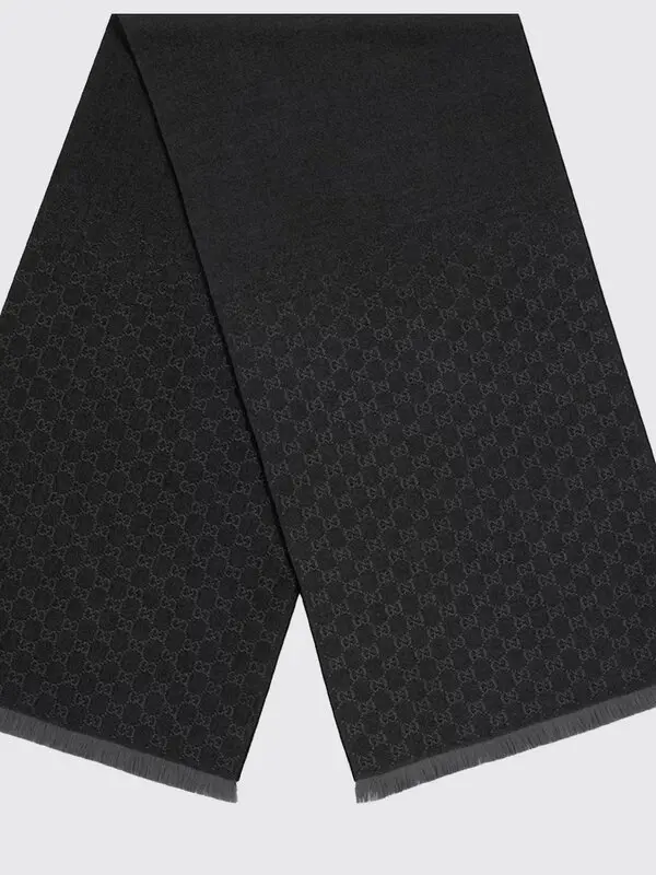 Gucci Gg Monogram Jacquard Wool Scarf With Fringed Edges - Black