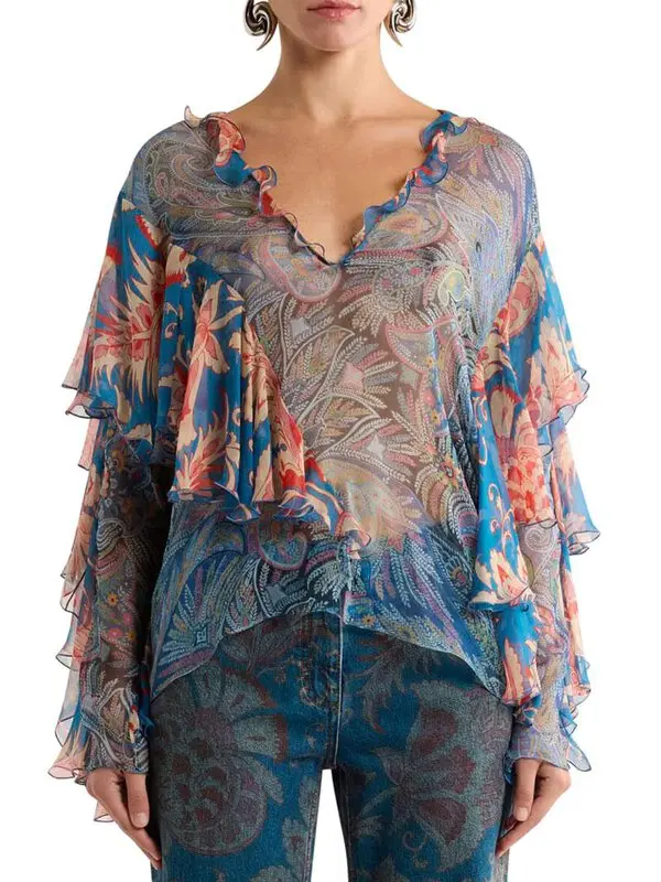 Etro Long-sleeved Silk Blouse With Ruffles - Multicolor