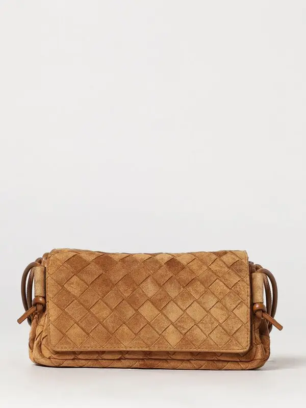 Bottega Veneta Notturno Intrecciato Suede Calfskin Shoulder Bag With Knotted Strap - Brown