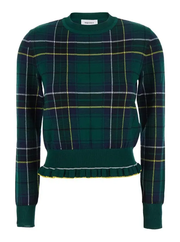 Alexander McQueen Green Crew Neck Sweater With Tartan Pattern And Fringed Hem In Wool - Multicolor