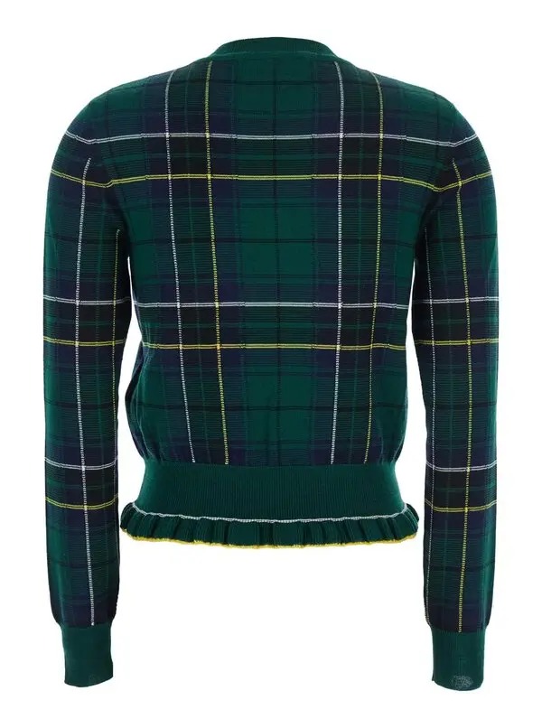 Alexander McQueen Green Crew Neck Sweater With Tartan Pattern And Fringed Hem In Wool - Multicolor