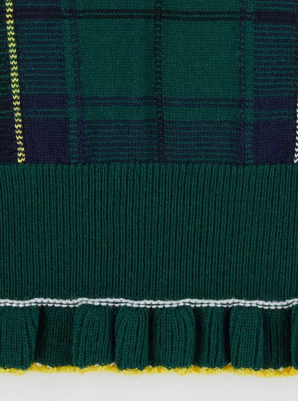 Alexander McQueen Green Crew Neck Sweater With Tartan Pattern And Fringed Hem In Wool - Multicolor