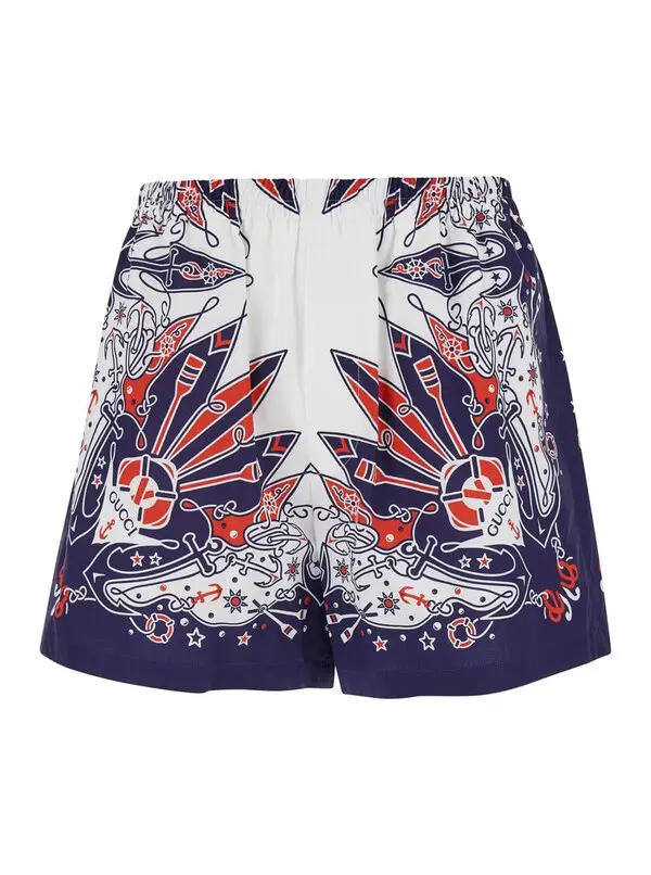 Gucci Blue Shorts With Bandana Print In Cotton - Multicolor