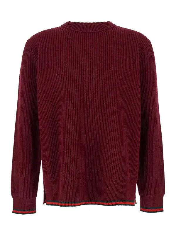 Gucci Red Crewneck Sweater With Web Detail In Ribbed Wool Blend - Multicolor