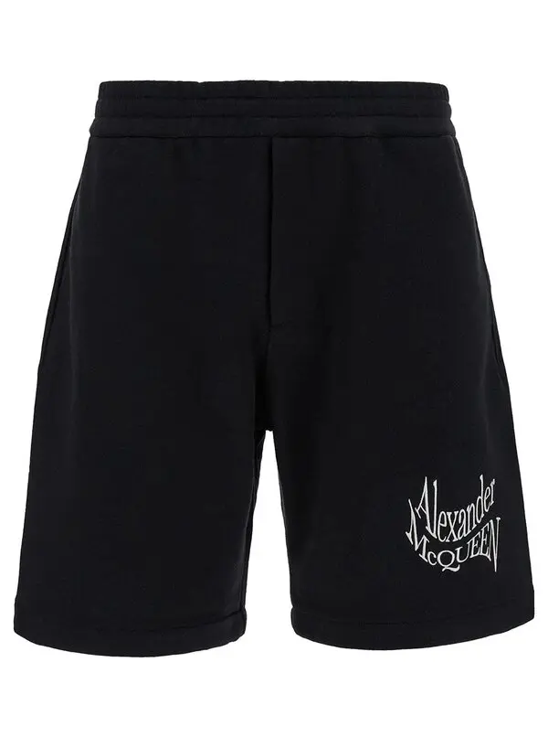 Alexander McQueen Black Shorts With Contrasting Logo Lettering Print In Cotton - Multicolor