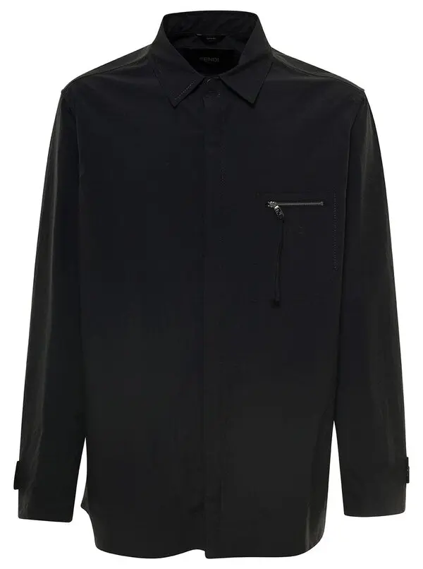 Fendi Blue Jacket With Patch Zipped Pocket And Logo In Nylon