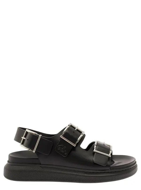 Alexander McQueen Black Slide Sandals With Embossed Logo In Leather