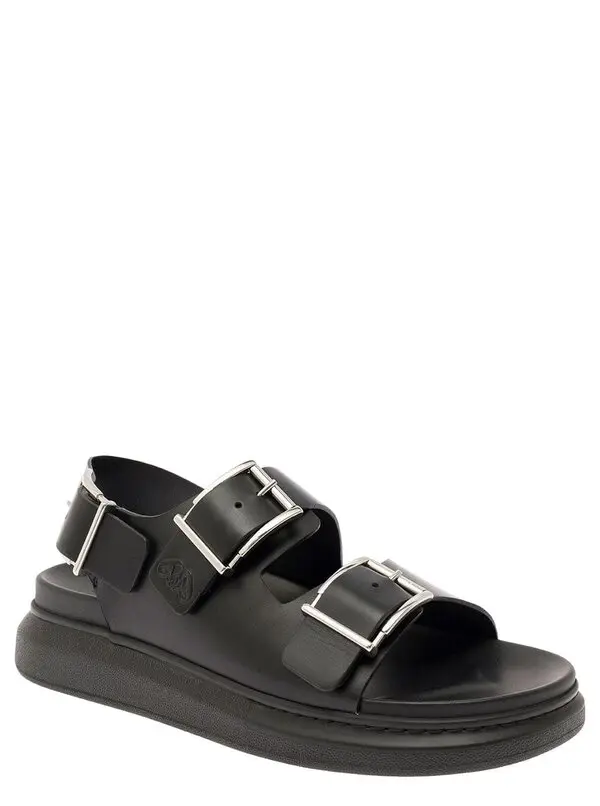 Alexander McQueen Black Slide Sandals With Embossed Logo In Leather