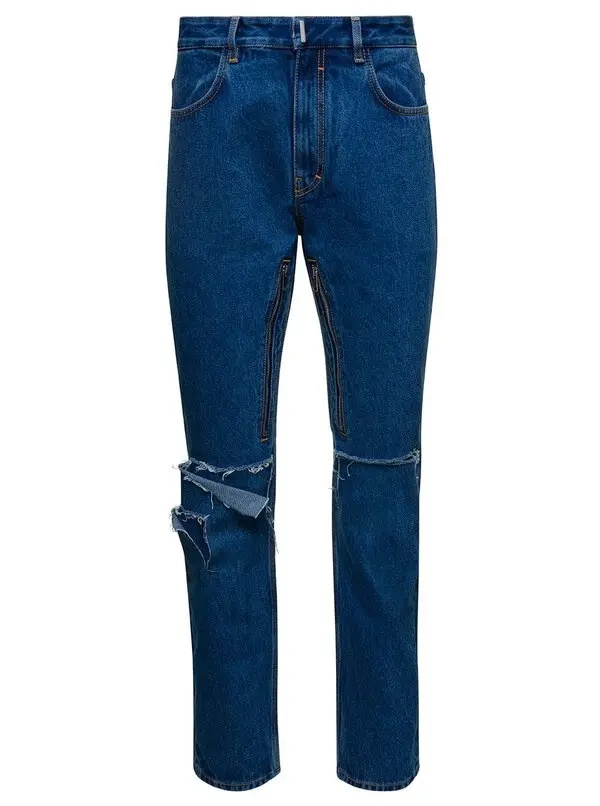 Givenchy Blue Jeans With Zip And Rips Details In Cotton Denim - Multicolor