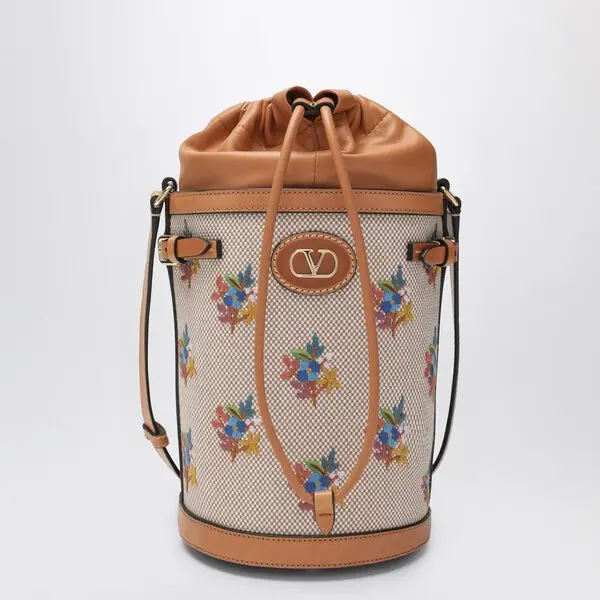 Valentino Garavani Canvas Bucket Bag With Floral Embroidery - Cream