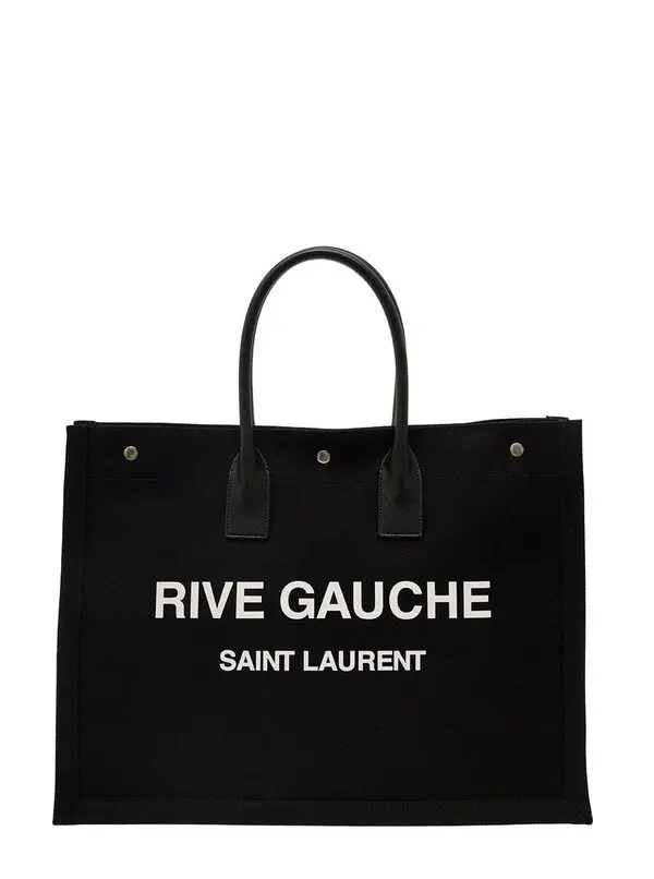 Saint Laurent Big Rive Gauche' Tote Bag With Contrasting Logo Print In Cotton - Black