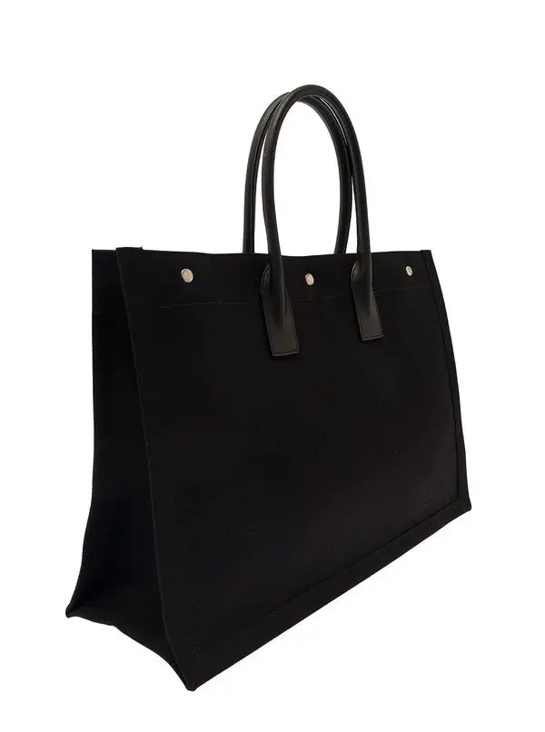 Saint Laurent Big Rive Gauche' Tote Bag With Contrasting Logo Print In Cotton - Black