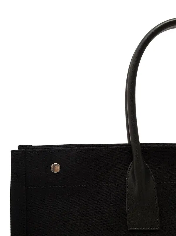 Saint Laurent Big Rive Gauche' Tote Bag With Contrasting Logo Print In Cotton - Black