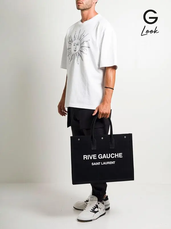 Saint Laurent Big Rive Gauche' Tote Bag With Contrasting Logo Print In Cotton - Black