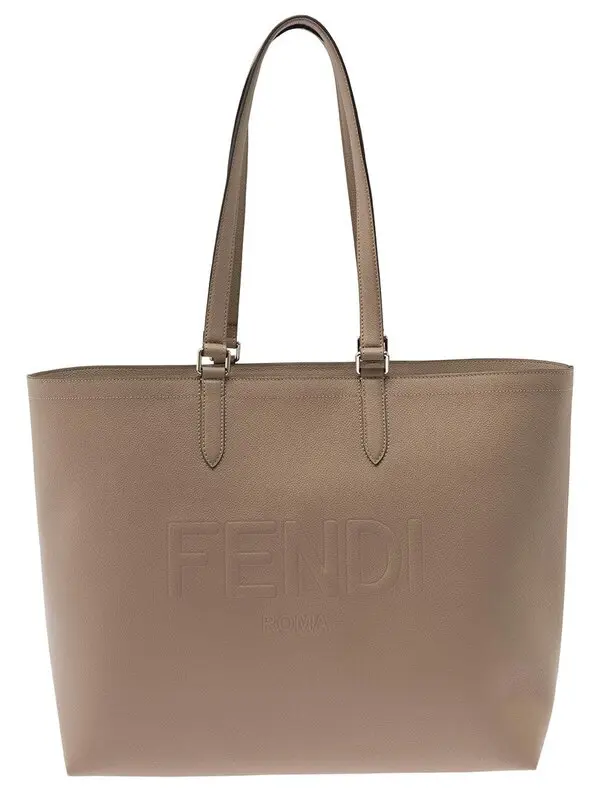 Fendi Beige Tote Bag With Embossed Logo In Leather - Multicolor