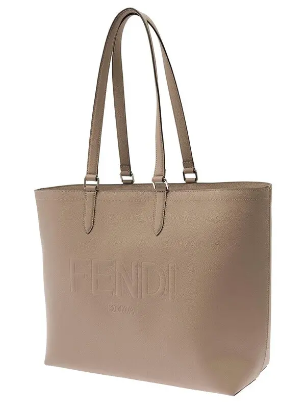 Fendi Beige Tote Bag With Embossed Logo In Leather - Multicolor