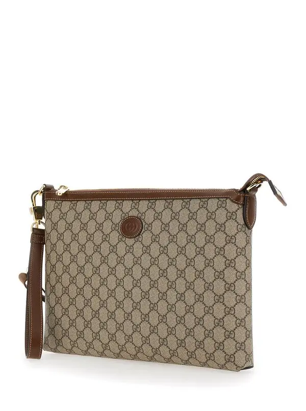 Gucci Beige And Ebony Pouch With Gg Patch In Gg Supreme Canvas