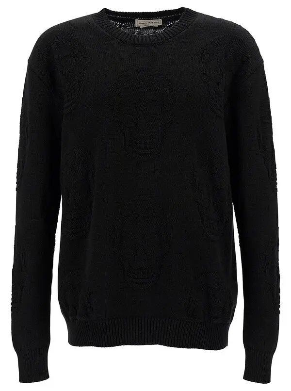 Alexander McQueen Black Sweater With Tonal Skull Embellishment In Cotton - Multicolor
