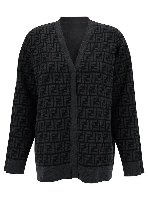 Fendi Black Reversible Cardigan With Jacquard Ff Motif In Knit - Multicolor