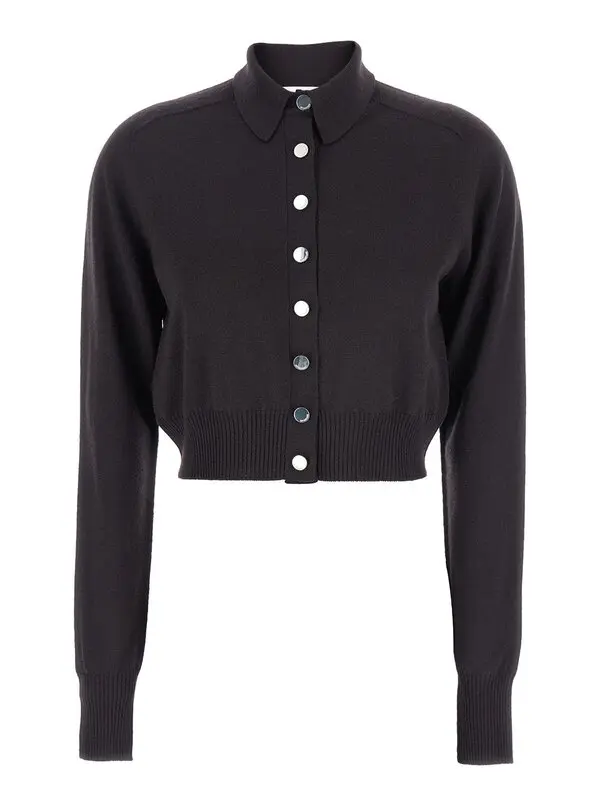Sportmax Perseo' Black Cropped Cardigan With Button Down Collar And Ribbed Trims In Wool - Multicolor