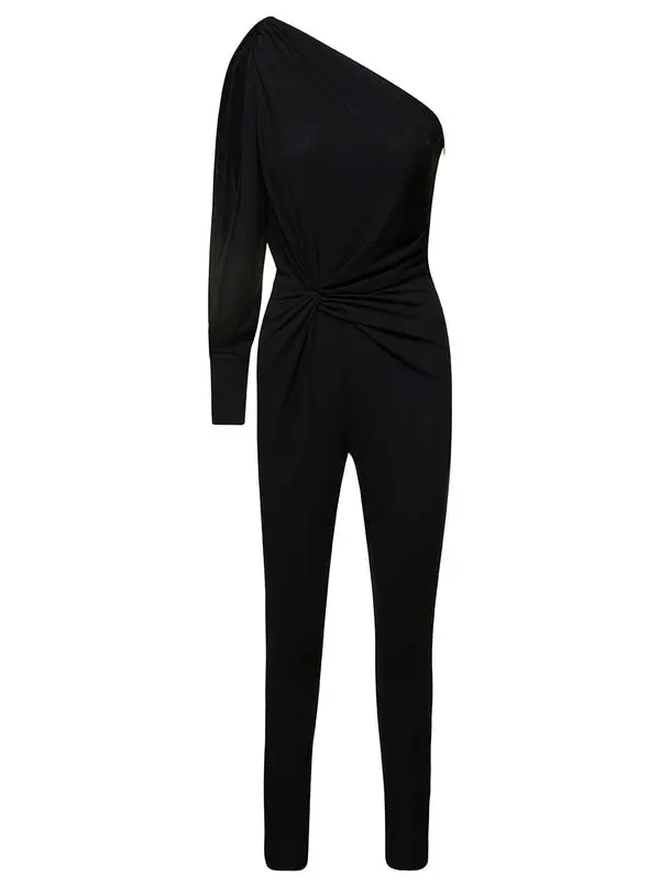 Saint Laurent Black One-shoulder Jumpsuit With Side Gathering In Jersey - Multicolor