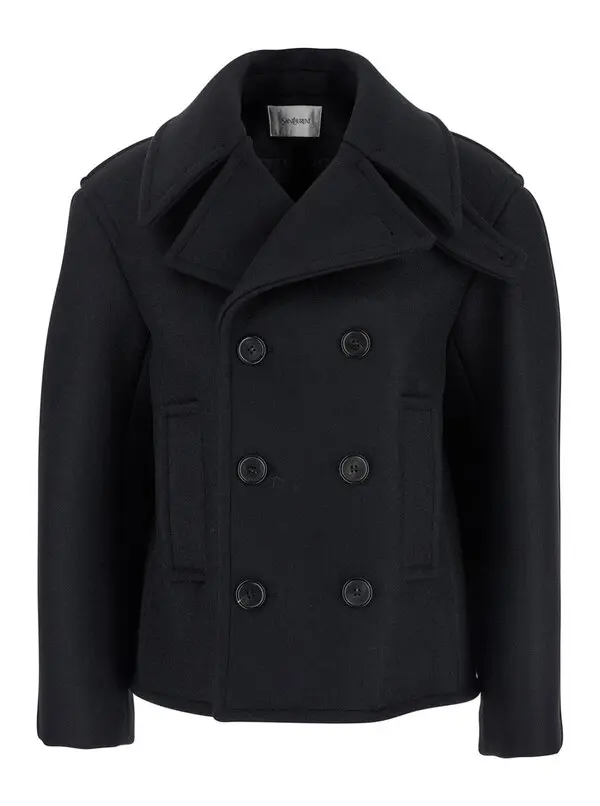 Saint Laurent Black Double-breasted Coat With Classic Wide Revers In Wool - Multicolor