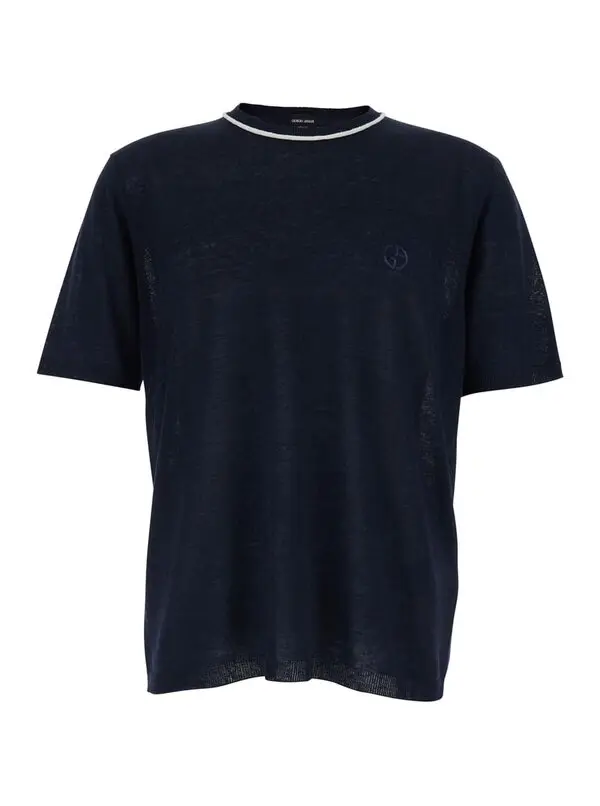 Giorgio Armani Blue Crew Neck T-shirt With Tone-on-tone Logo On The Front In Linen And Silk Blend For - Multicolor