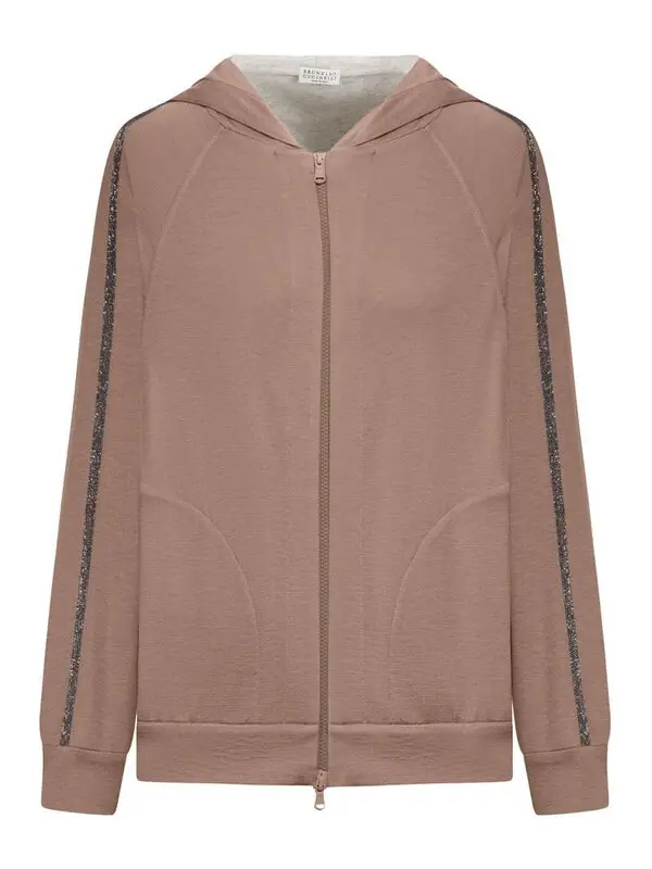 Brunello Cucinelli Cotton And Silk Interlock Topwear With Hood And Precious Stripe - Multicolor
