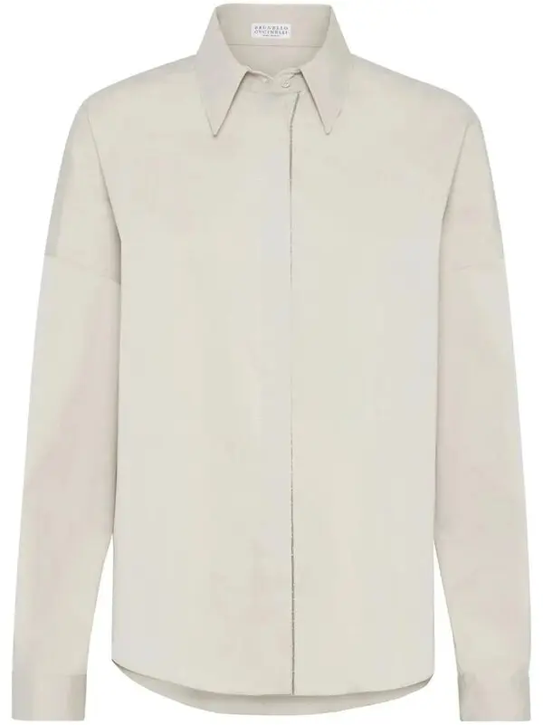 Brunello Cucinelli Monili Trim Stretch Cotton Poplin Blouse