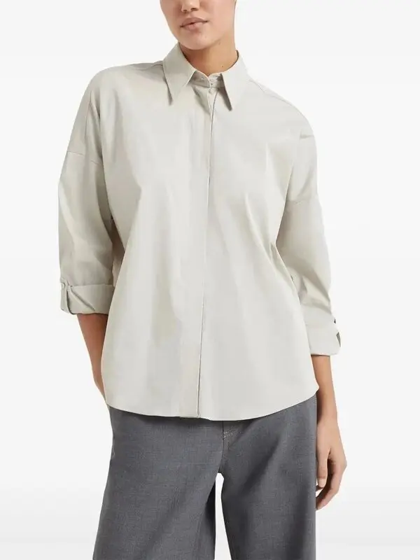 Brunello Cucinelli Monili Trim Stretch Cotton Poplin Blouse