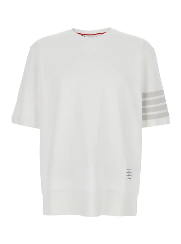 Thom Browne White T-shirt With Classic Collar And 4-bar Detail On Sleeve In Cotton For - Multicolor