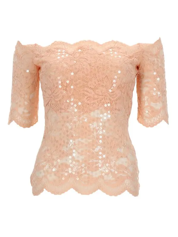 Rabanne Top In Pizzo Con Paillettes - Pink