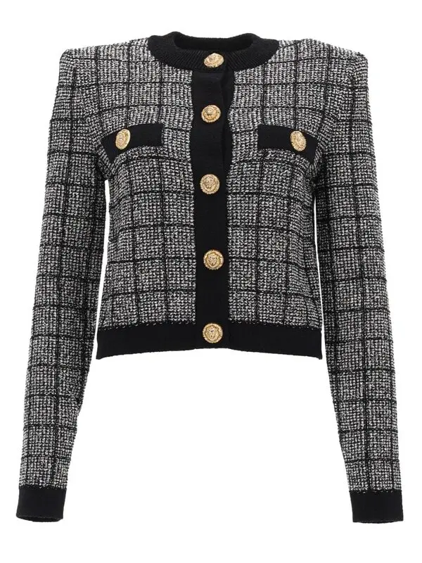 Balmain Check Knit Cardigan With Jewel Buttons - Black