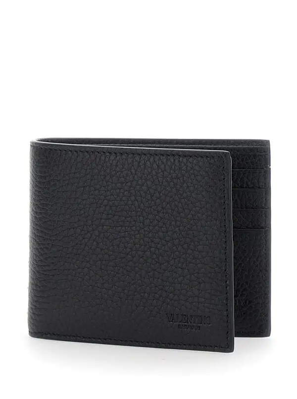 Valentino Garavani Black Bi-fold Wallet With Rockstud Details In Grained Leather