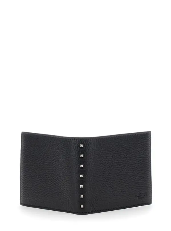 Valentino Garavani Black Bi-fold Wallet With Rockstud Details In Grained Leather