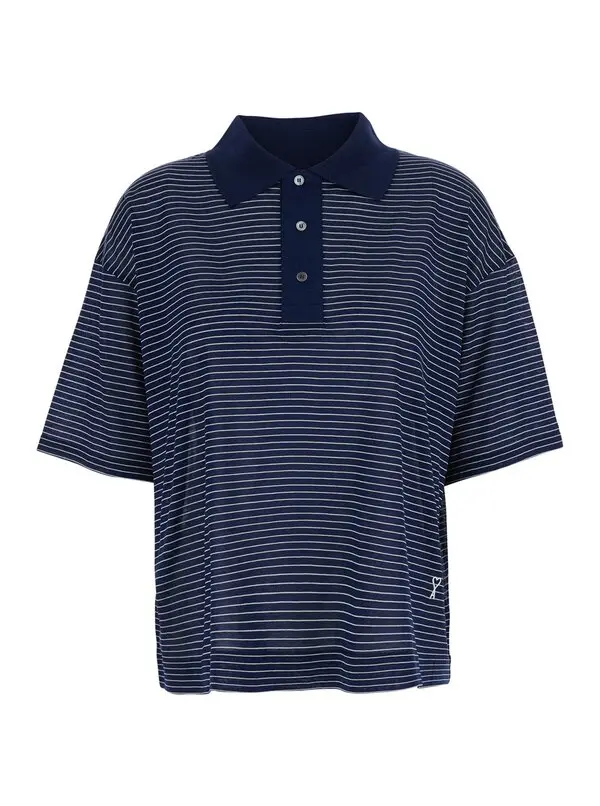 AMI Paris Blue Polo Shirt With Striped Motif And Embroidered De Coeur Logo On The Front In Cotton For - Multicolor