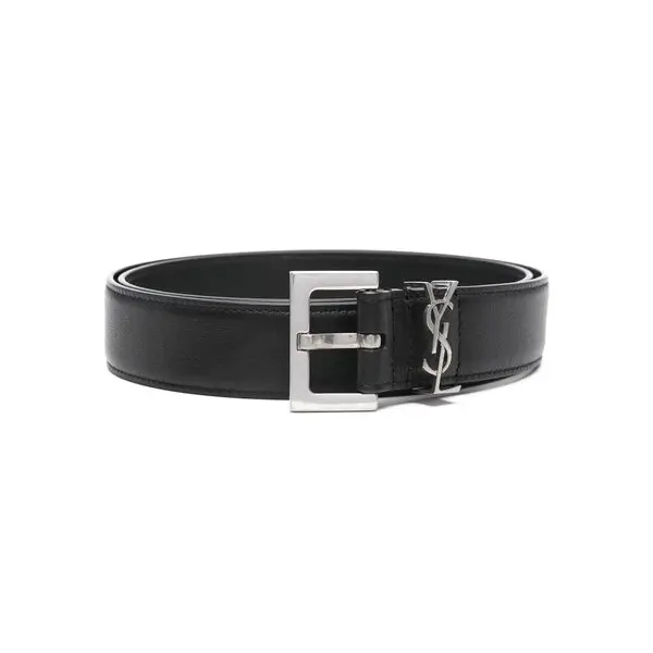 Saint Laurent Cassandre Logo Plaque Leather Belt - Black