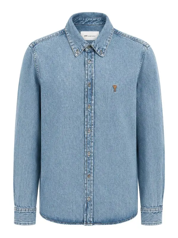 AMI Paris Light Denim Button-down Shirt With De Coeur