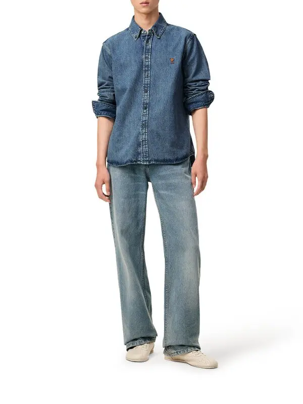 AMI Paris Light Denim Button-down Shirt With De Coeur