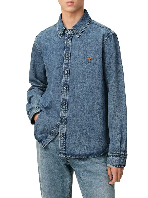AMI Paris Light Denim Button-down Shirt With De Coeur