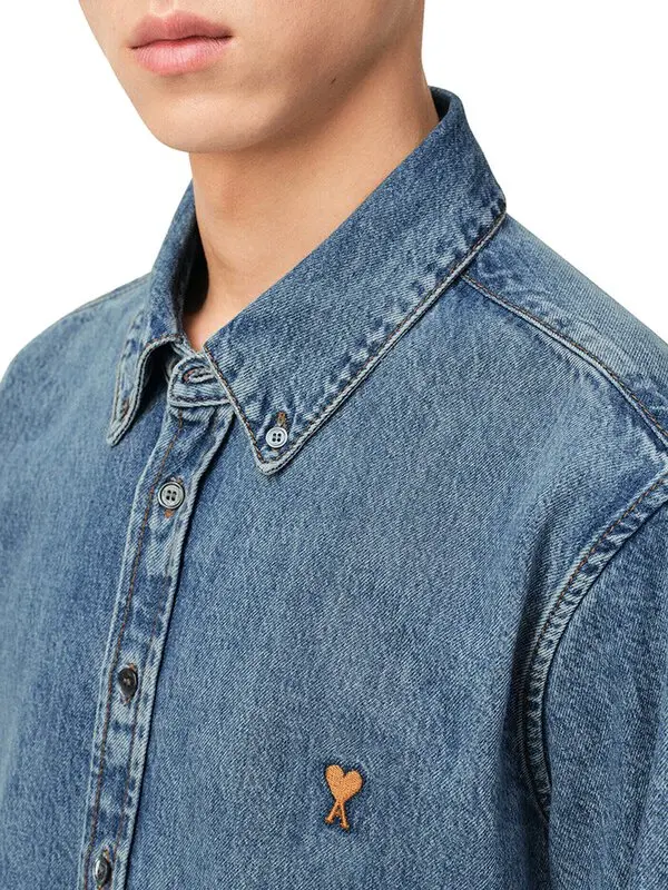 AMI Paris Light Denim Button-down Shirt With De Coeur