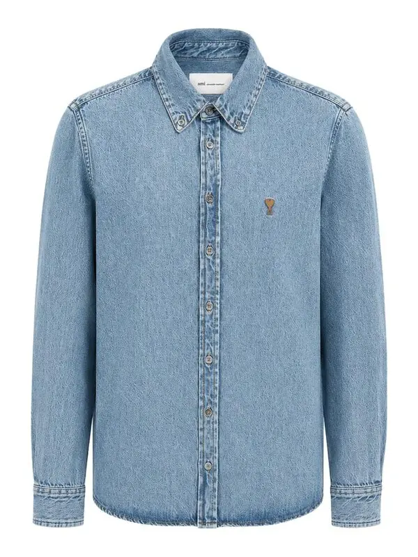 AMI Paris Light Denim Button-down Shirt With De Coeur - Blue